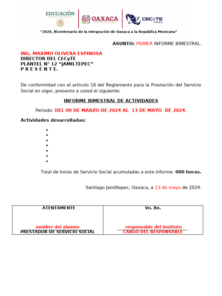 Formato-Informe Bimestral 5to Semestre | PDF