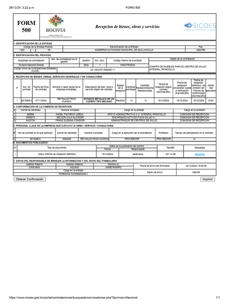 Form 500: Recepcion de Bienes, Obras y Servicios | PDF
