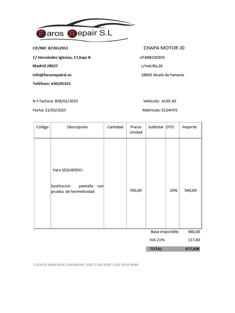 Factura N.º 858 Audi A5 0124hvs Chapa Motor | PDF