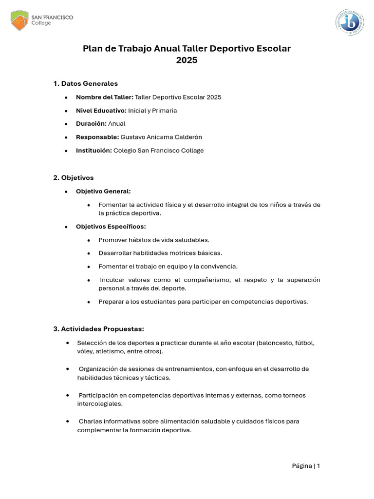 Plan de Trabajo Anual Taller Deportivo SFC | PDF | Vóleibol | Deporte del atletismo