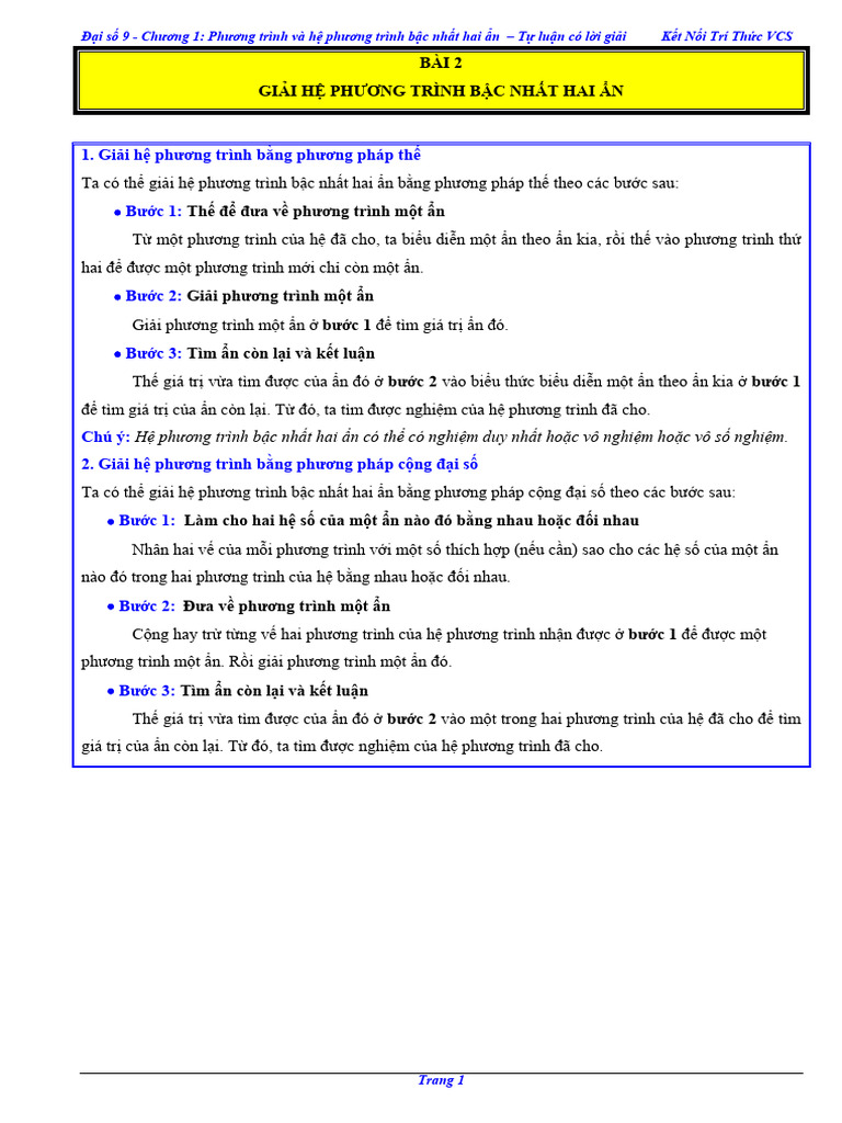 Cac Dang Bai Tap Phuong Trinh Va He Hai Phuong Trinh Bac Nhat Hai An Toan 9 Knttvcs | PDF