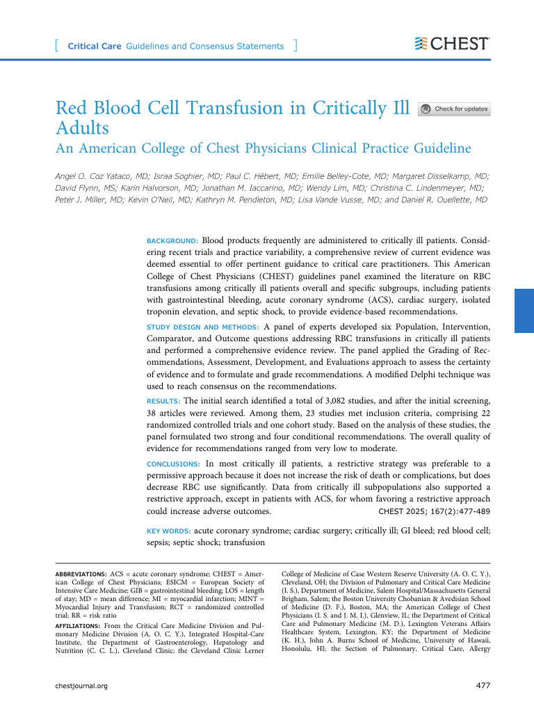 Red Blood Cell Transfusion in Critically Ill Adult | PDF | Sepsis ...