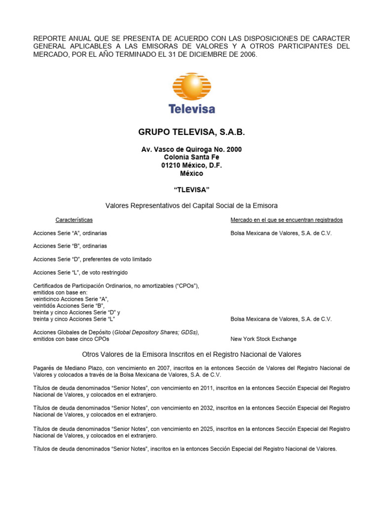 Reporte Anual Bmv en Espanol 2006 Televisa | PDF | Televisión | Business