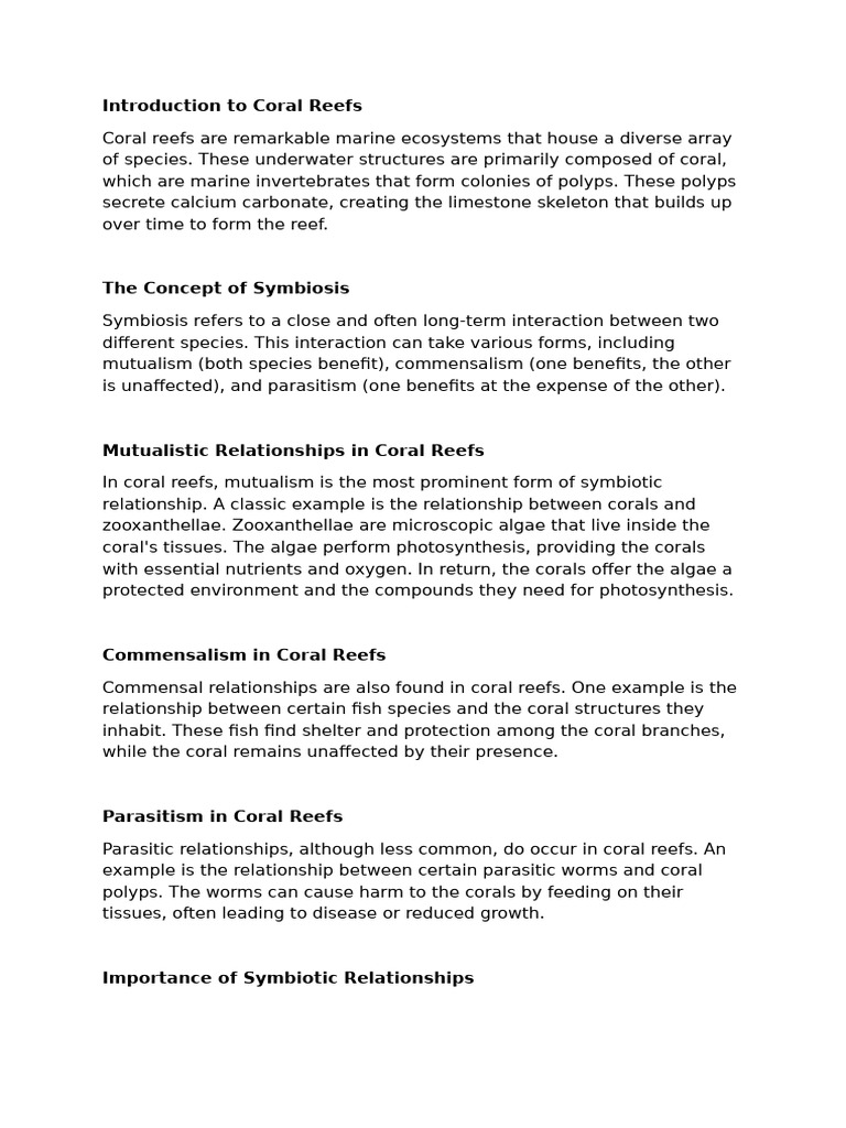 The Role of Symbiotic Relationships in Coral Reefs Notes | PDF