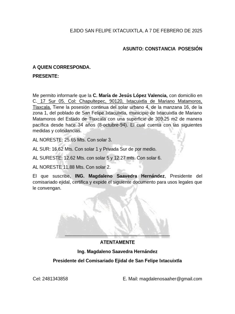 Constancia de Posesión Ejidal en Tlaxcala | PDF