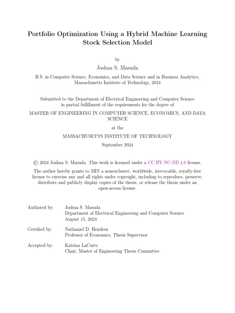 Masuda Jmasuda Meng Eecs 2024 Thesis | PDF | Modern Portfolio Theory | Machine Learning
