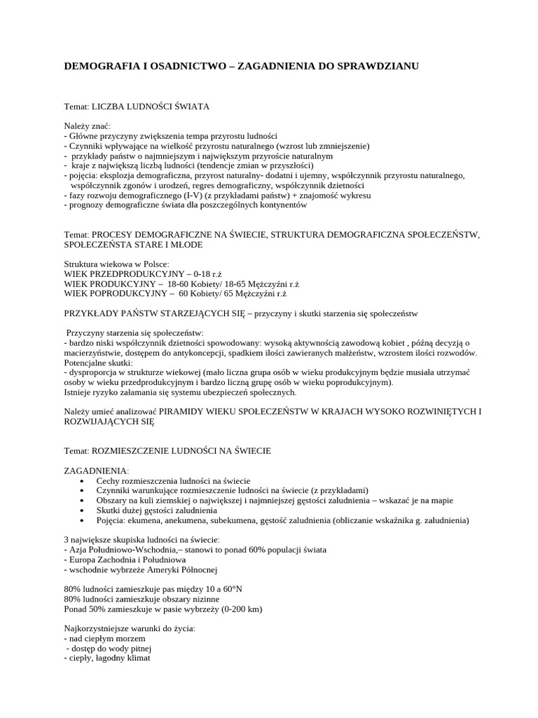 demografia klasa 2 - zagadnienia do sprawdzianu | PDF