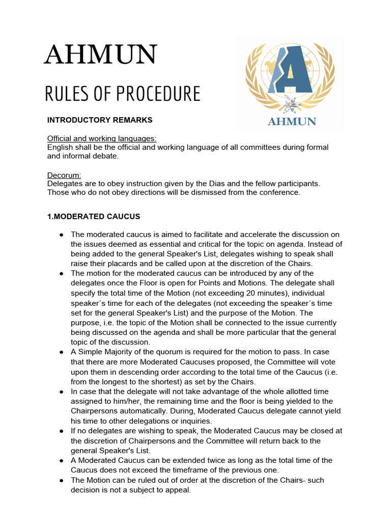 AHMUN Rules of Procedure | PDF | Committee | Quorum