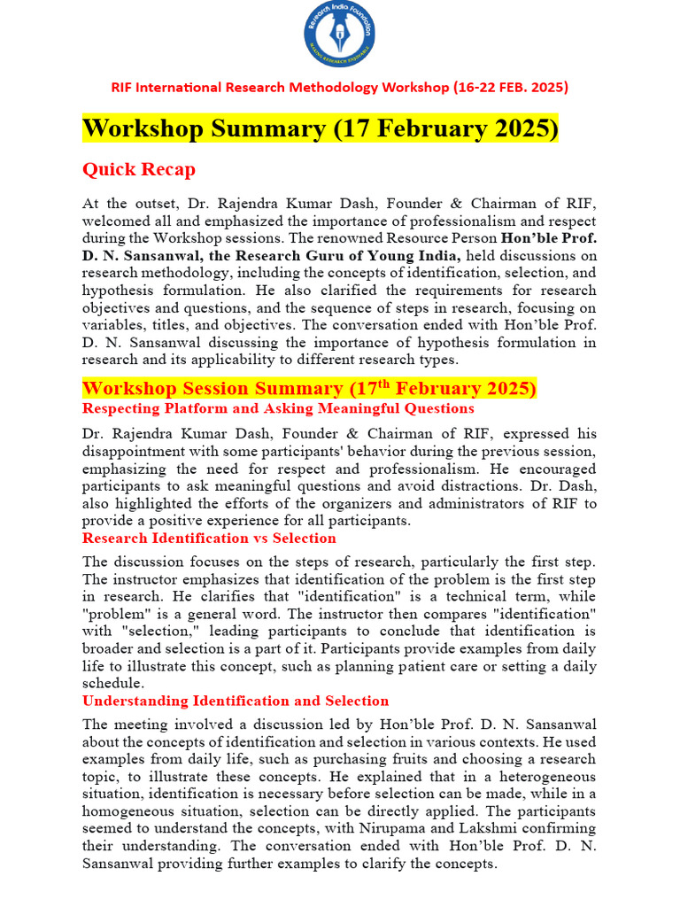 RIF 2025 Research Methodology Workshop Summary | PDF | Hypothesis ...