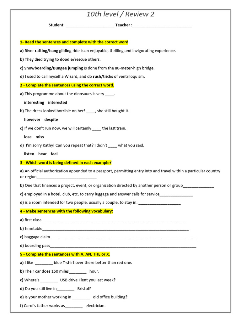 English Language Review Worksheet | PDF