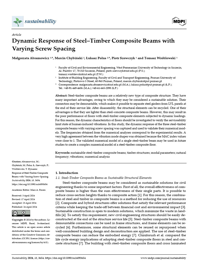 Dynamic Response of Steel-Timber Composite Beams With Varying Screw ...