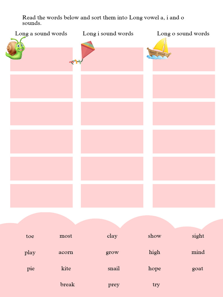 Long Vowel a, i and o Sound Worksheet | PDF