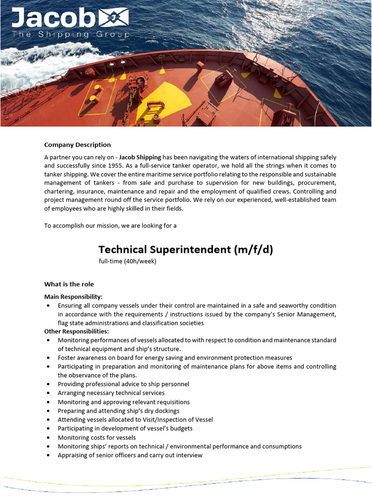 Technical Superintendent Job at Jacob Shipping | PDF | Ships | Oil Tanker