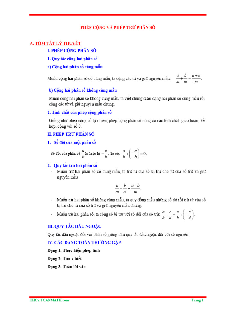 Tom Tat Ly Thuyet Va Bai Tap Trac Nghiem Phep Cong Va Phep Tru Phan So | PDF