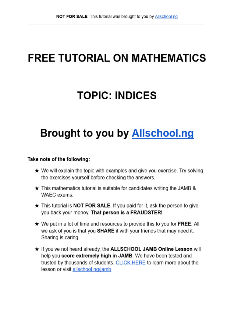 Free Mathematics Tutorial on Indices | PDF | Exponentiation | Multiplication