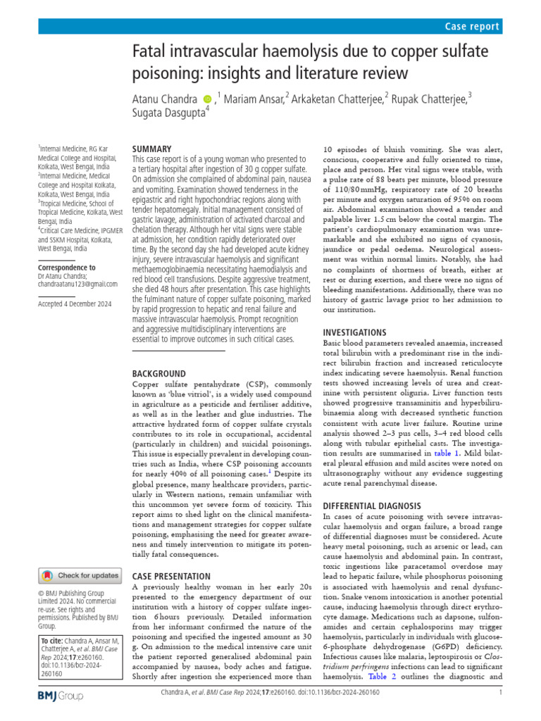 Fatal Intravascular Haemolysis Due To Copper Sulfate Poisoning - Insights and Literature Review ...