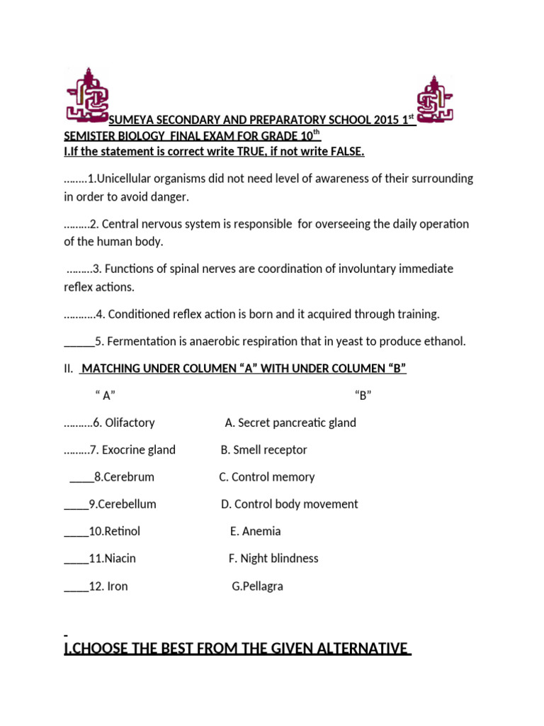Bio G10 Final Exam1st Sem in 2015 | PDF | Cellular Respiration | Endocrine System