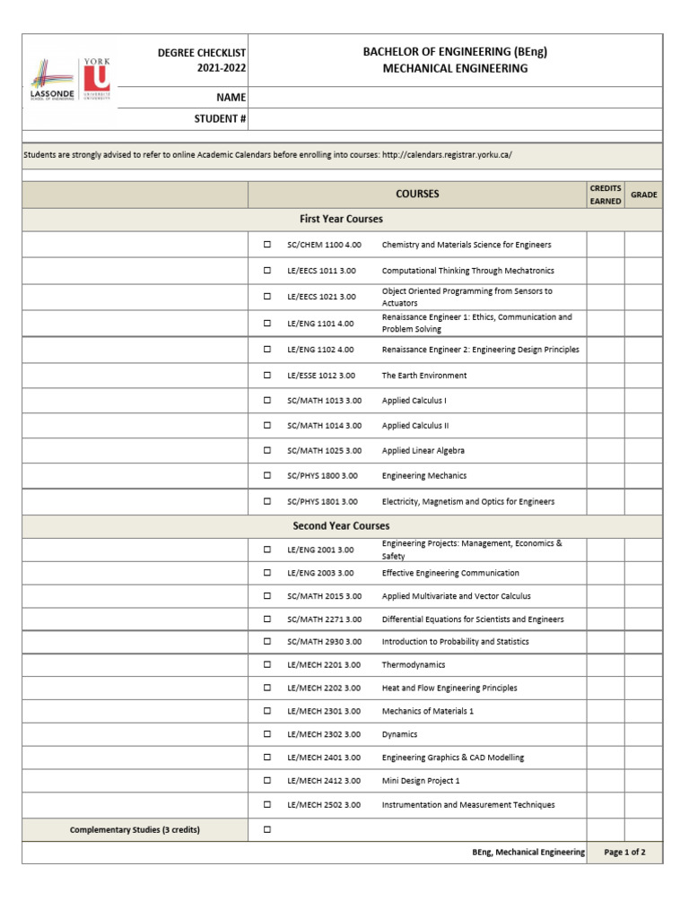 BEng Mechanical Engineering Checklist | PDF | Mathematics | Engineering