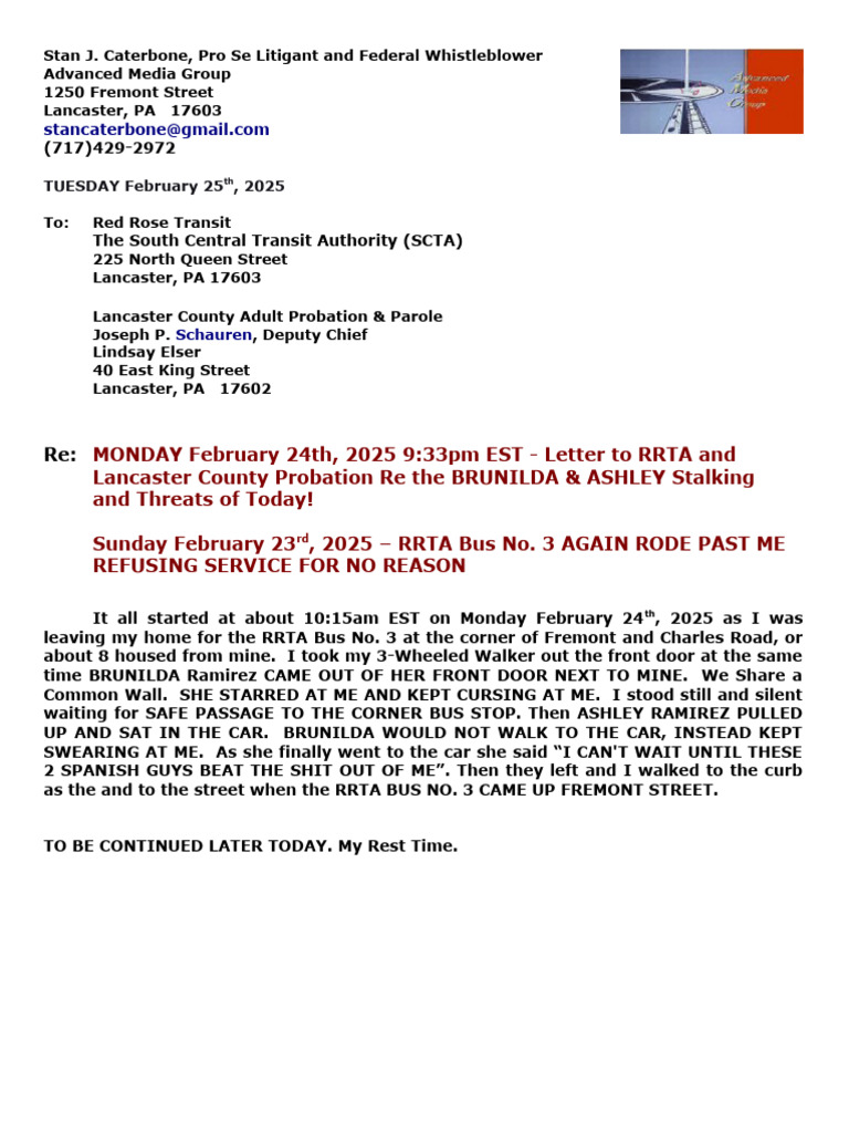 DRAFT TUESDAY February 25th, 2025 STAN J. CATERBONE Letter To RRTA and ...