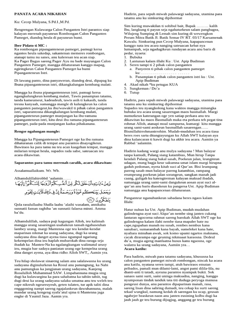 Panata Acara Bahasa Sunda Serah Terima Akad Nikah Panganten | PDF
