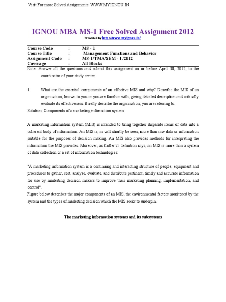 Ignou Mba Ms 1 Free Solved Assignment 2012 Pdf Organizational