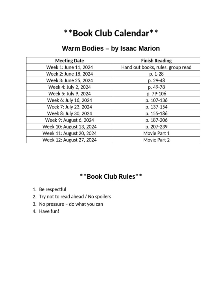 Book Club Reading Schedule For Warm Bodies | PDF