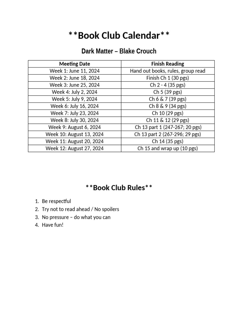 Book Club Reading Schedule - Dark Matter | PDF