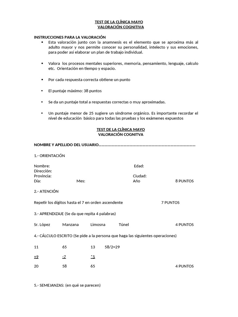 Valoración Cognitiva - Test Clínica Mayo | PDF | Procesos mentales ...