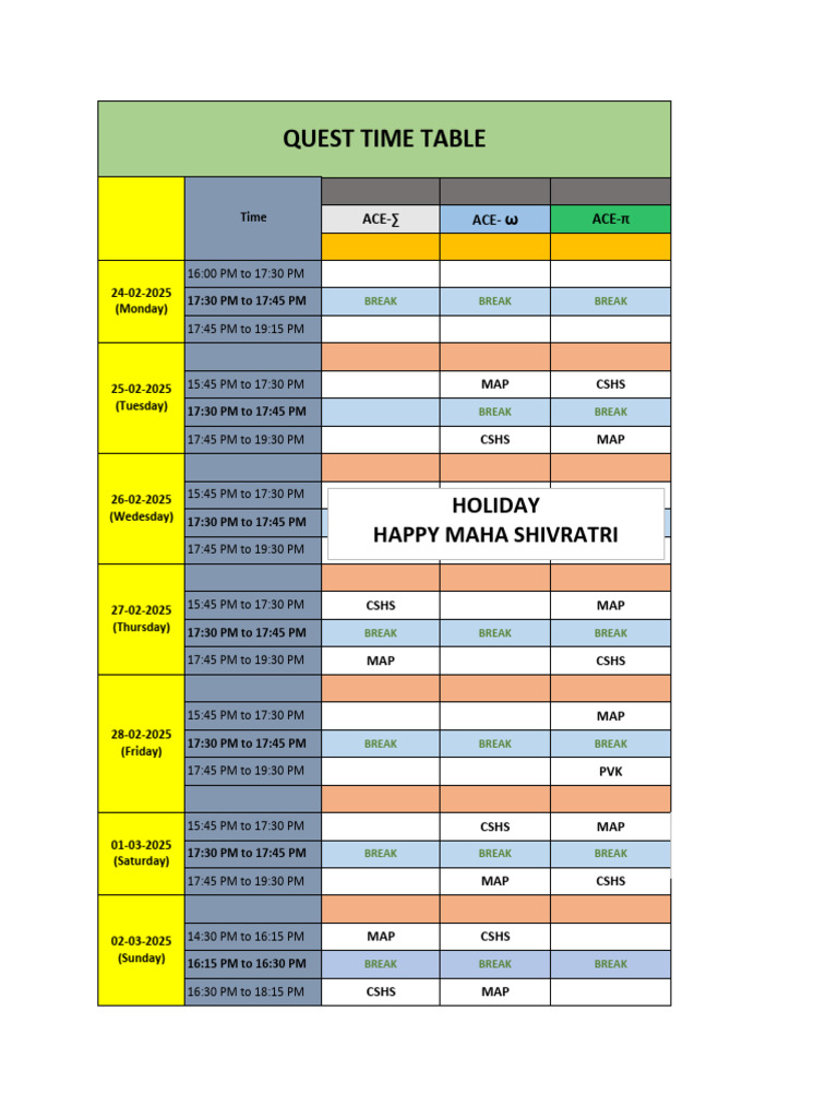 Quest Time Table (24-02-2025 - 02-03-2025) .. | PDF