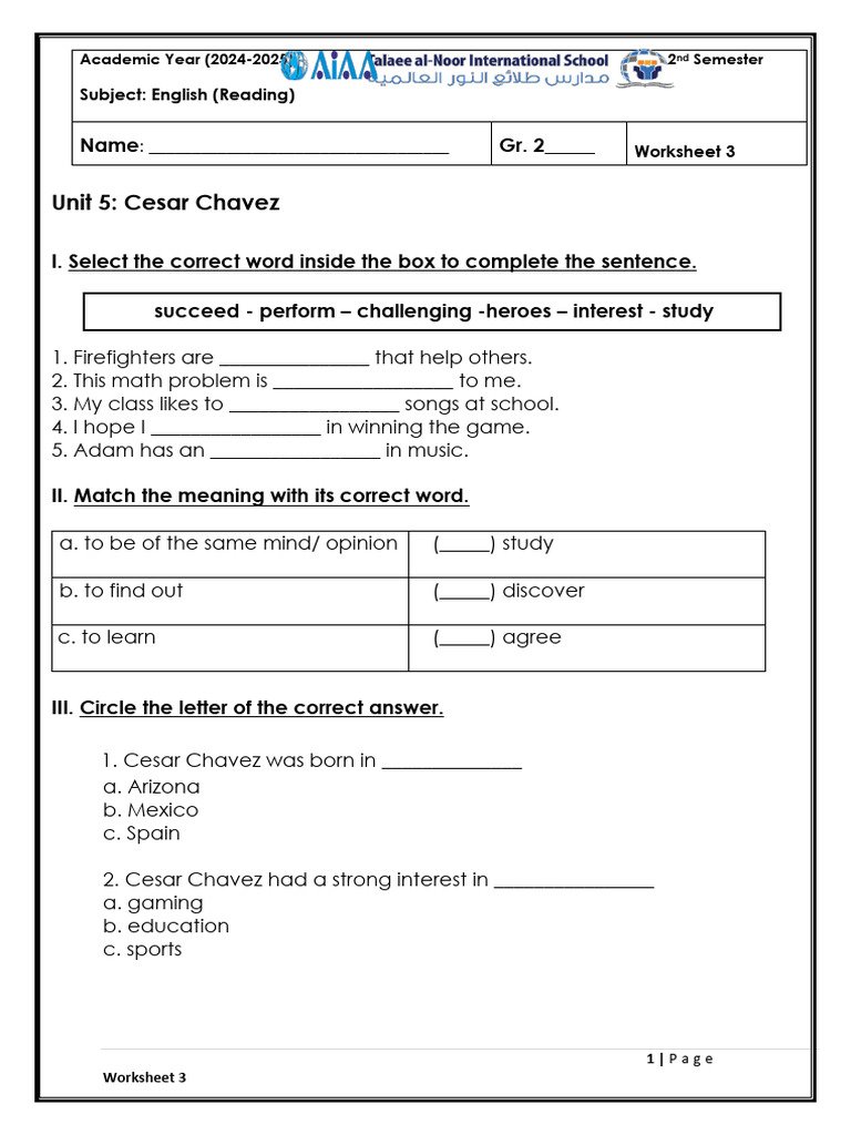 Gr.2 Reading Worksheet 3 (Cesar Chavez) | PDF