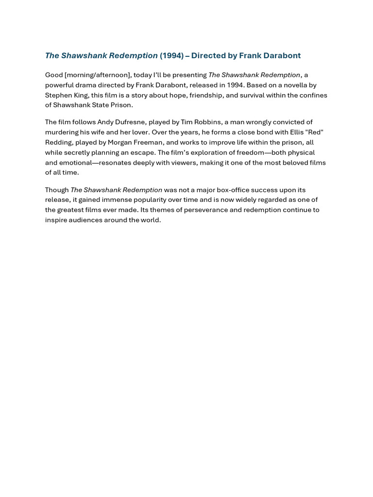 The Shawshank Redemption: (1994) Directed by Frank Darabont | PDF