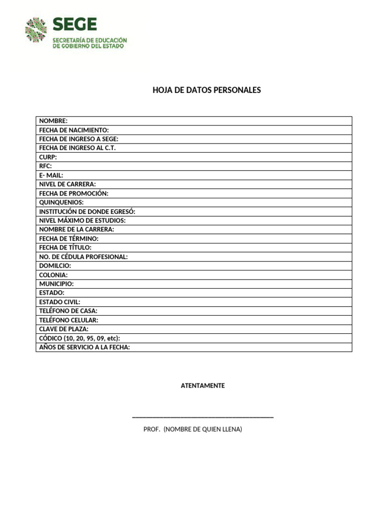 Hoja de Datos Personales | PDF