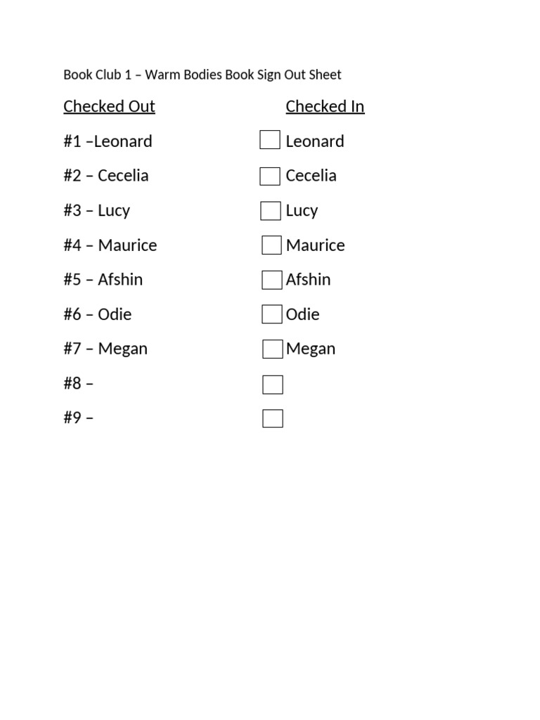 Warm Bodies Book Sign Out Sheet | PDF