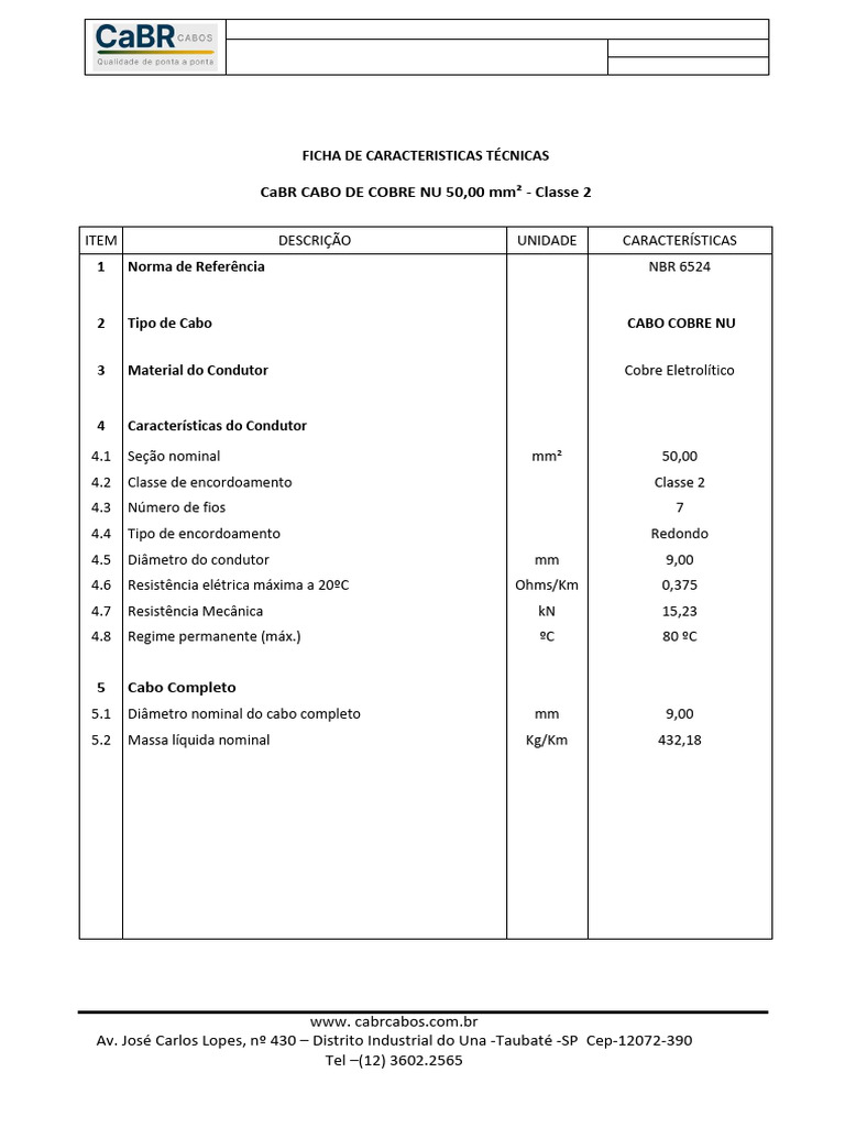 Ficha Técnica Cabo Cobre NU 50mm² | PDF
