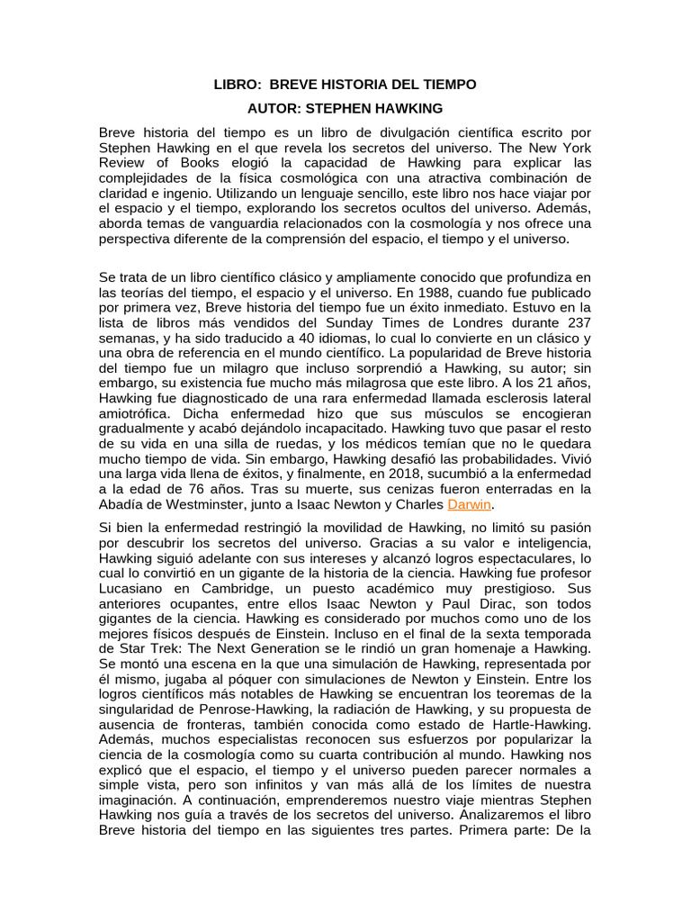 Breve historia del tiempo de Hawking | PDF | Gravedad | Ligero