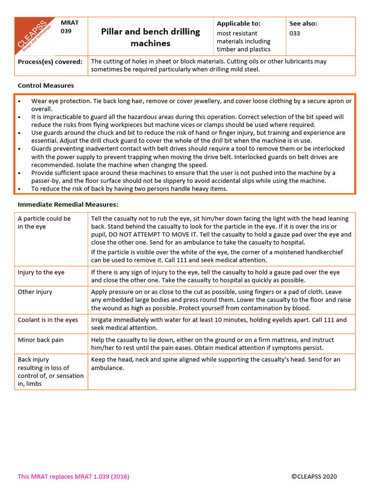 MRAT 039: Drilling Machine Safety Guide | PDF | Drill | Drilling