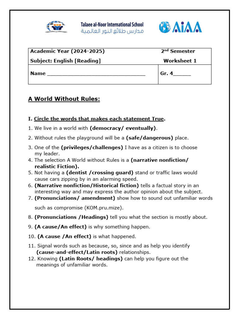 GR 4 Reading Worksheet 1 ''A World Without Rules'' | PDF