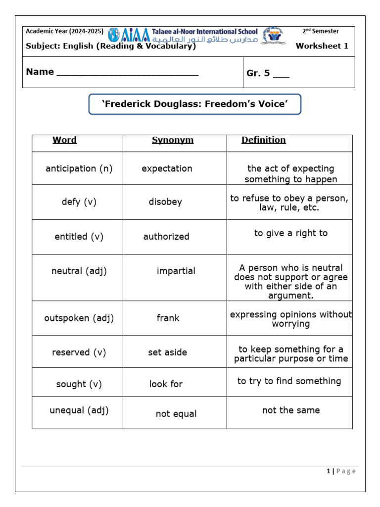 Vocabulary Worksheet for Grade 5 | PDF
