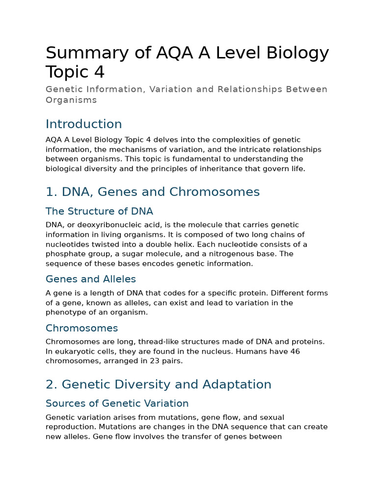AQA A Level Biology Topic 4 Summary | PDF | Gene | Genetics