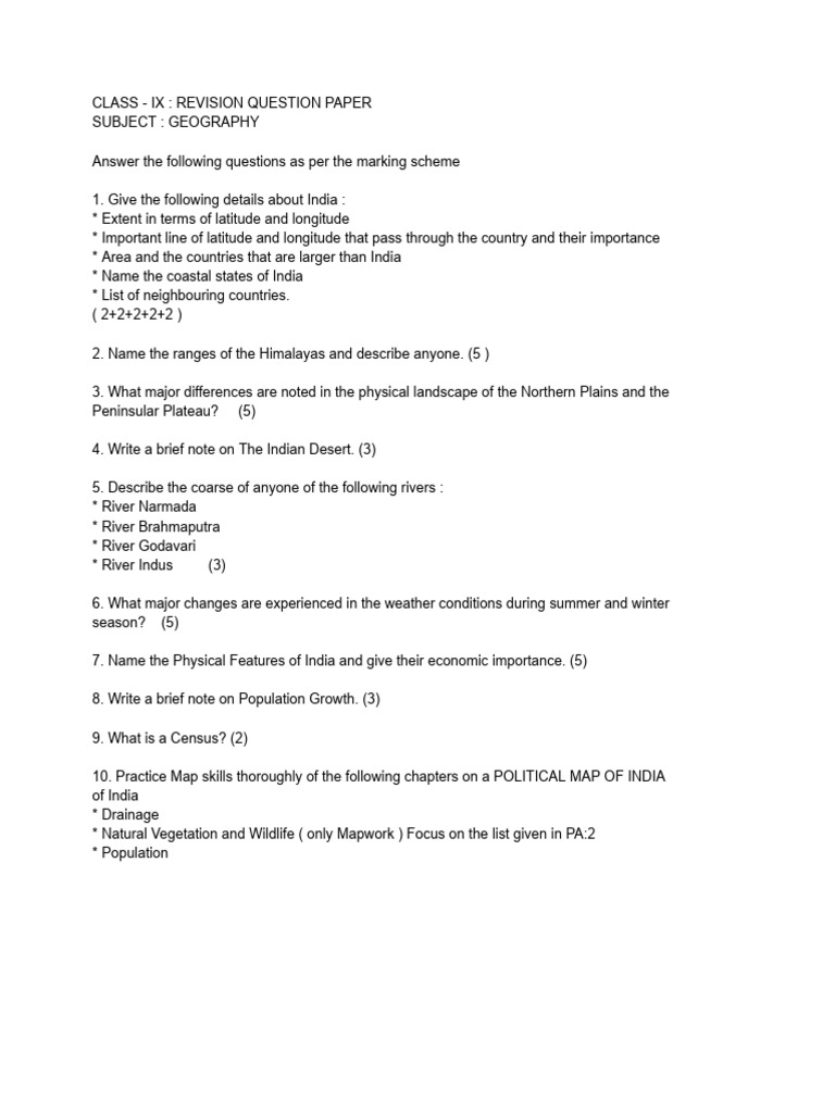 IX Geography Revision Questions | PDF