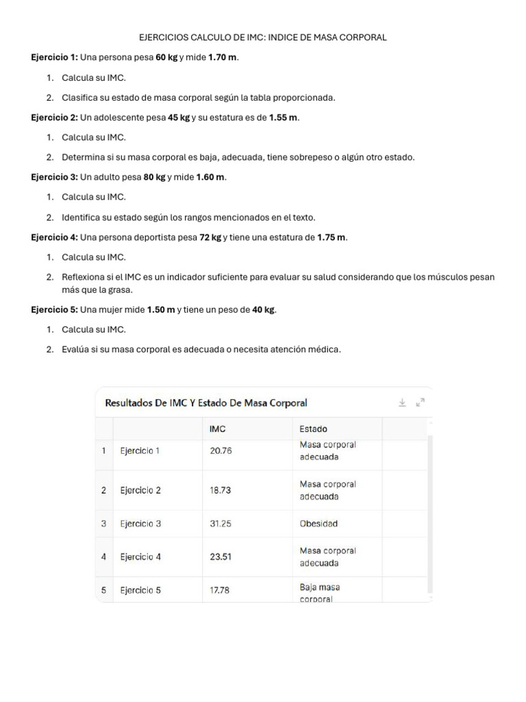 Ejercicios Calculo de Imc | PDF