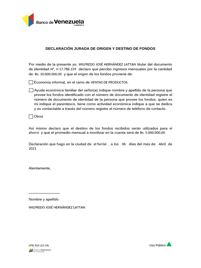 Declaración Jurada de Fondos y Origen | PDF