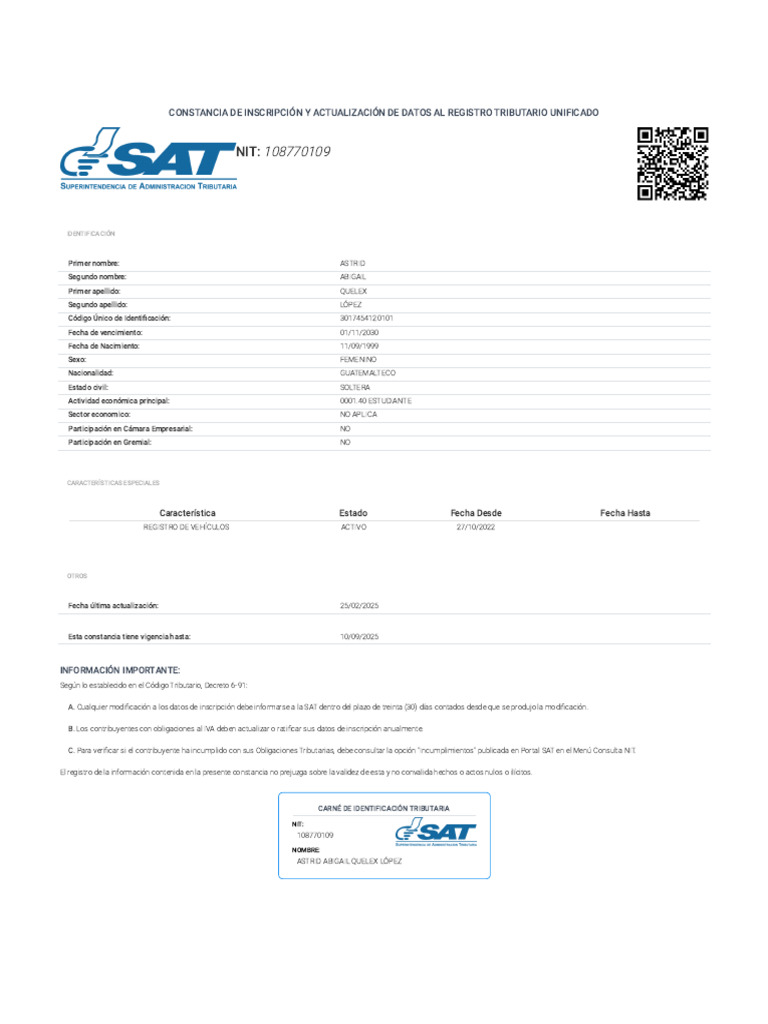 Constancia Tributaria de Astrid Quelex | PDF