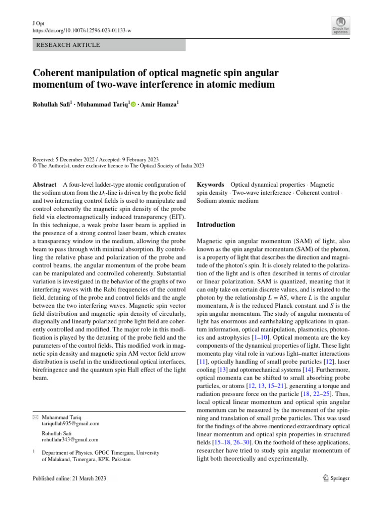 Coherent Manipulation of Optical Magnetic Spin Angular Momentum of Two ...