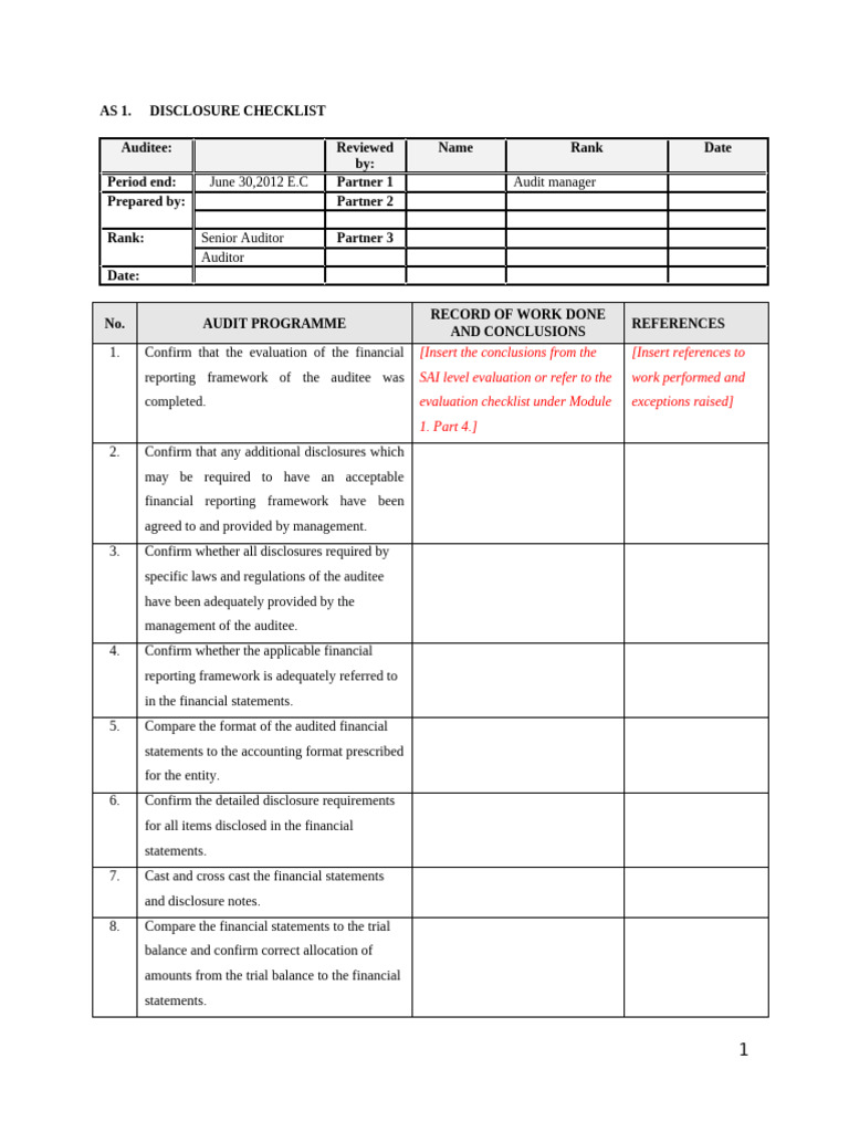 PA 10. Disclosure Checklist FS Level | PDF | Audit | Business Economics