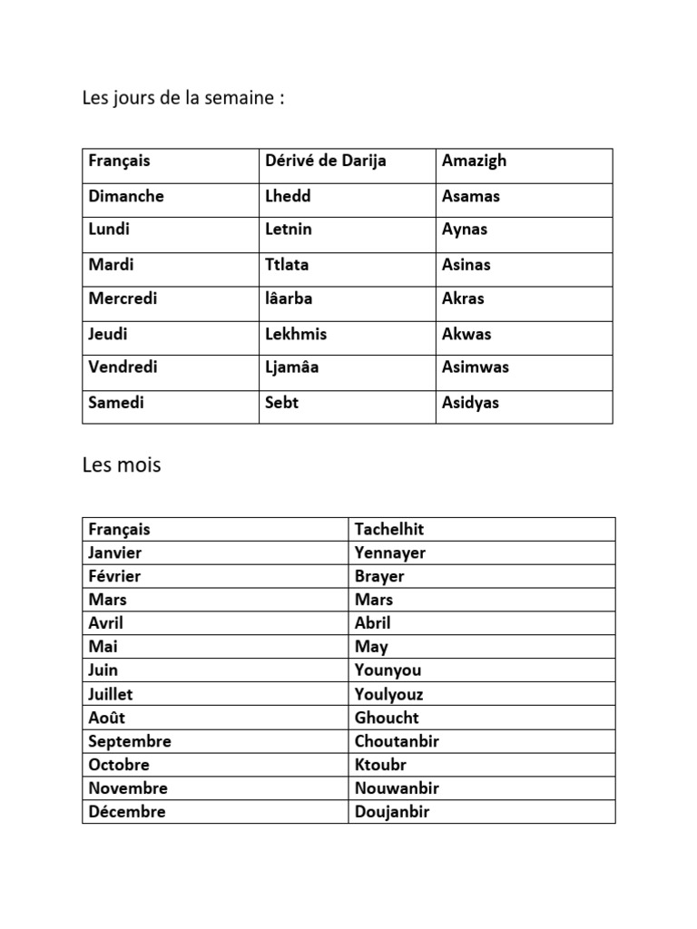 Jours et mois en français et amazigh | PDF