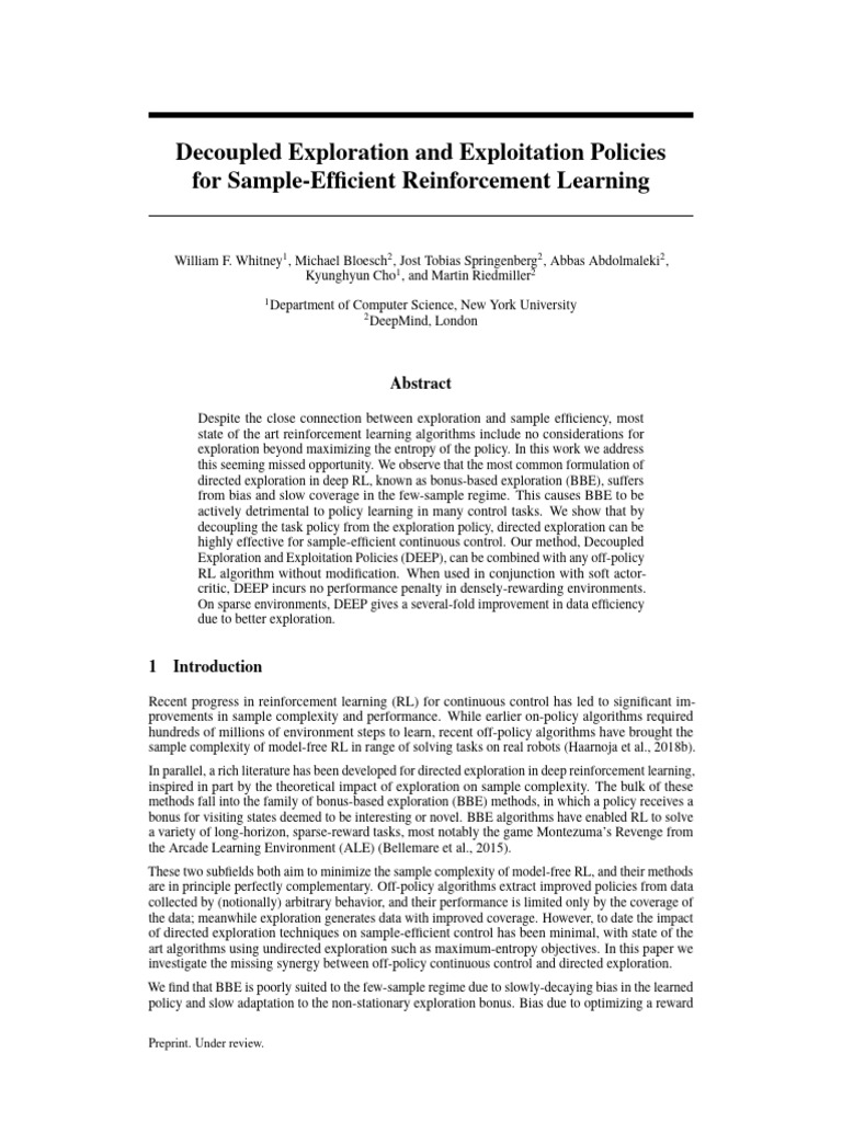 Decoupled Exploration And Exploitation Policies For Sample Efficient Reinforcement Learning