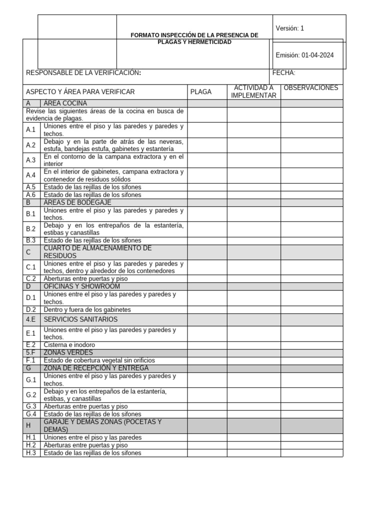 Formato Inspección Presencia de Plagas | PDF