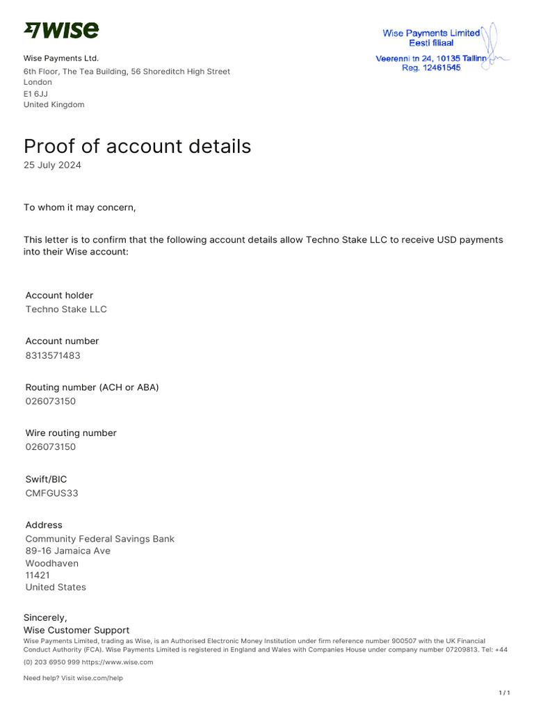 Wise Payments Account Verification Details | PDF