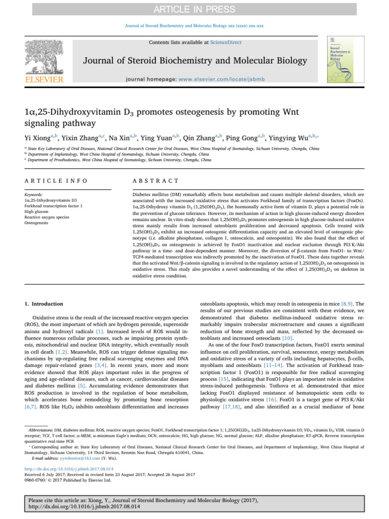 1α,25-Dihydroxyvitamin D3 promotes osteogenesis by promoting Wnt ...